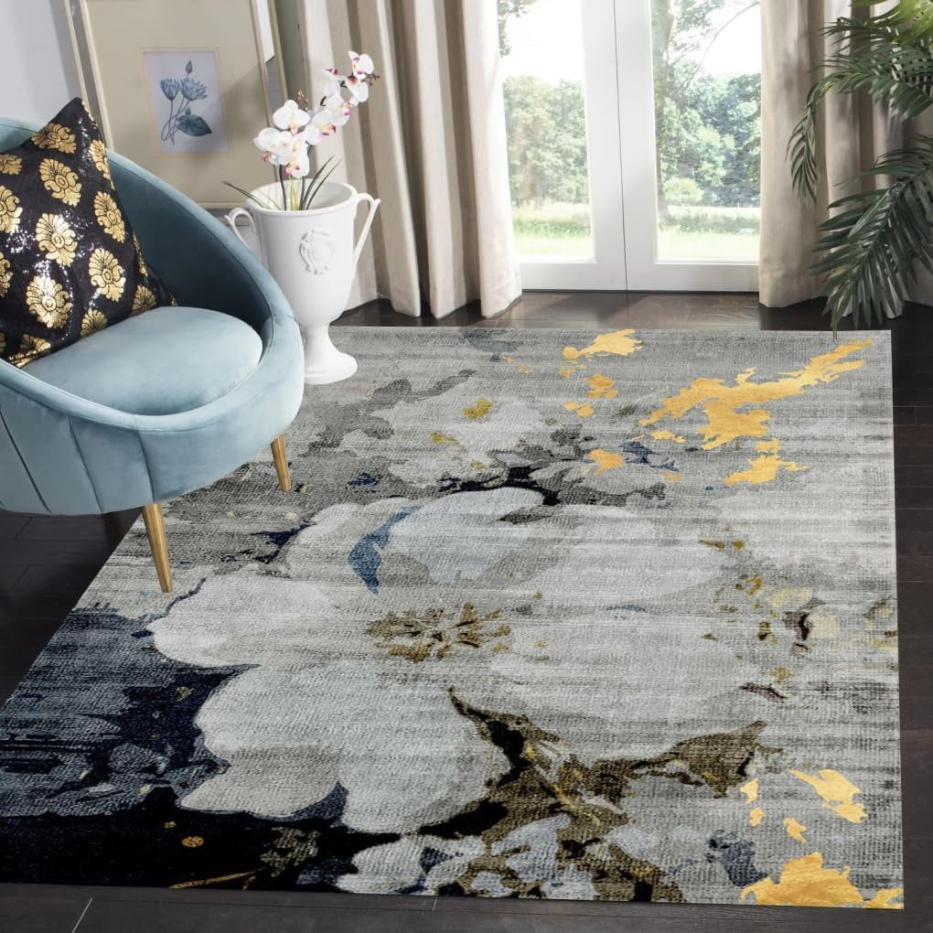 Grey Gold Contemporary Modern Distressed Rug For Livingroom Bedroom ...