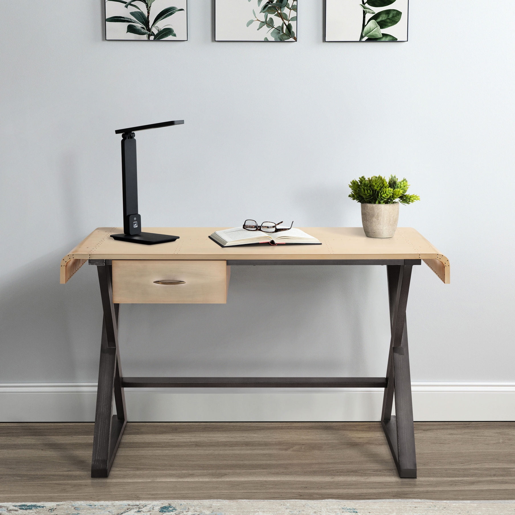 Grey & Gold Finish | Office Writing Desk with Smooth-Drawing Storage ...