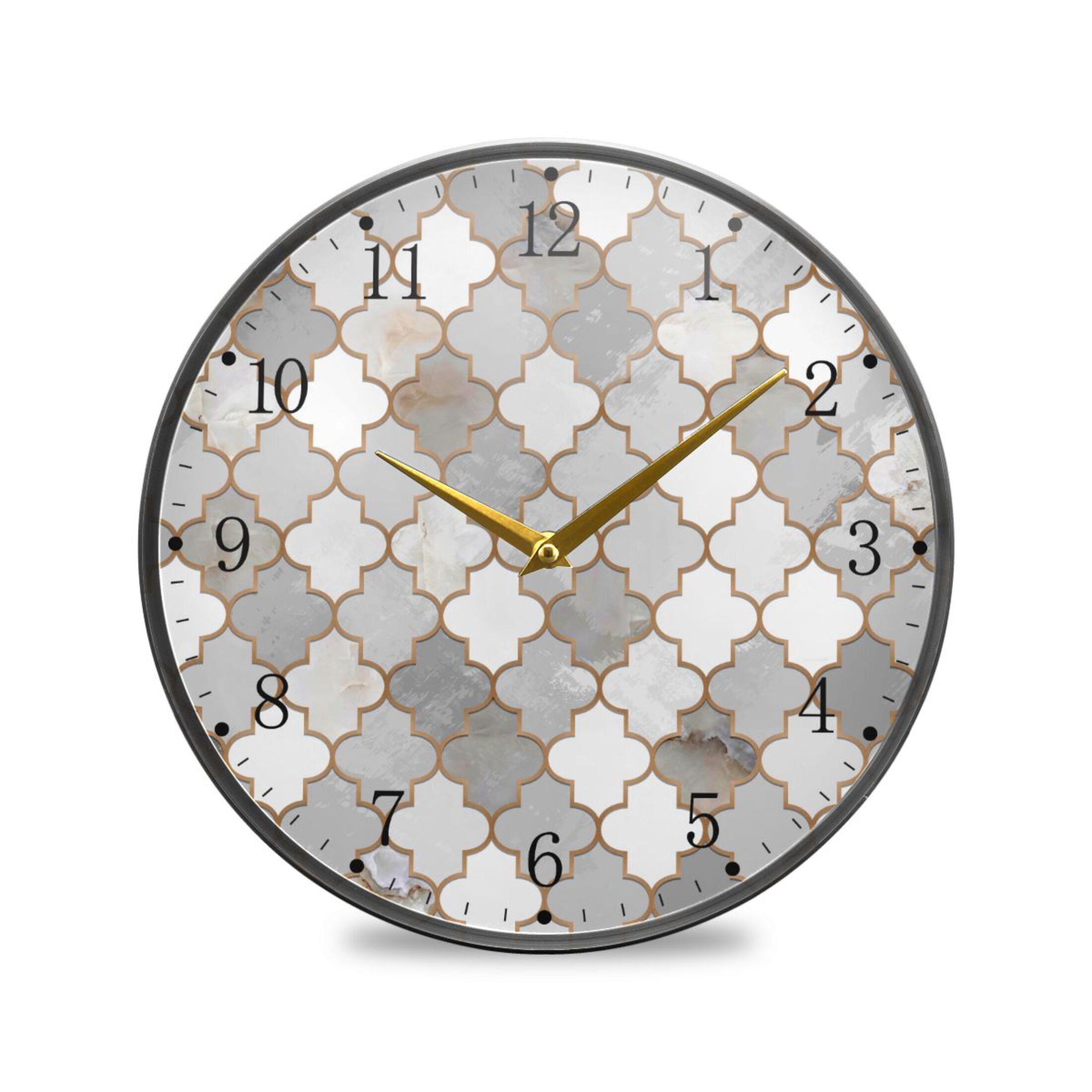 Grey with Gold Lattice and Texture Acrylic Wall Clocks Quiet Round ...