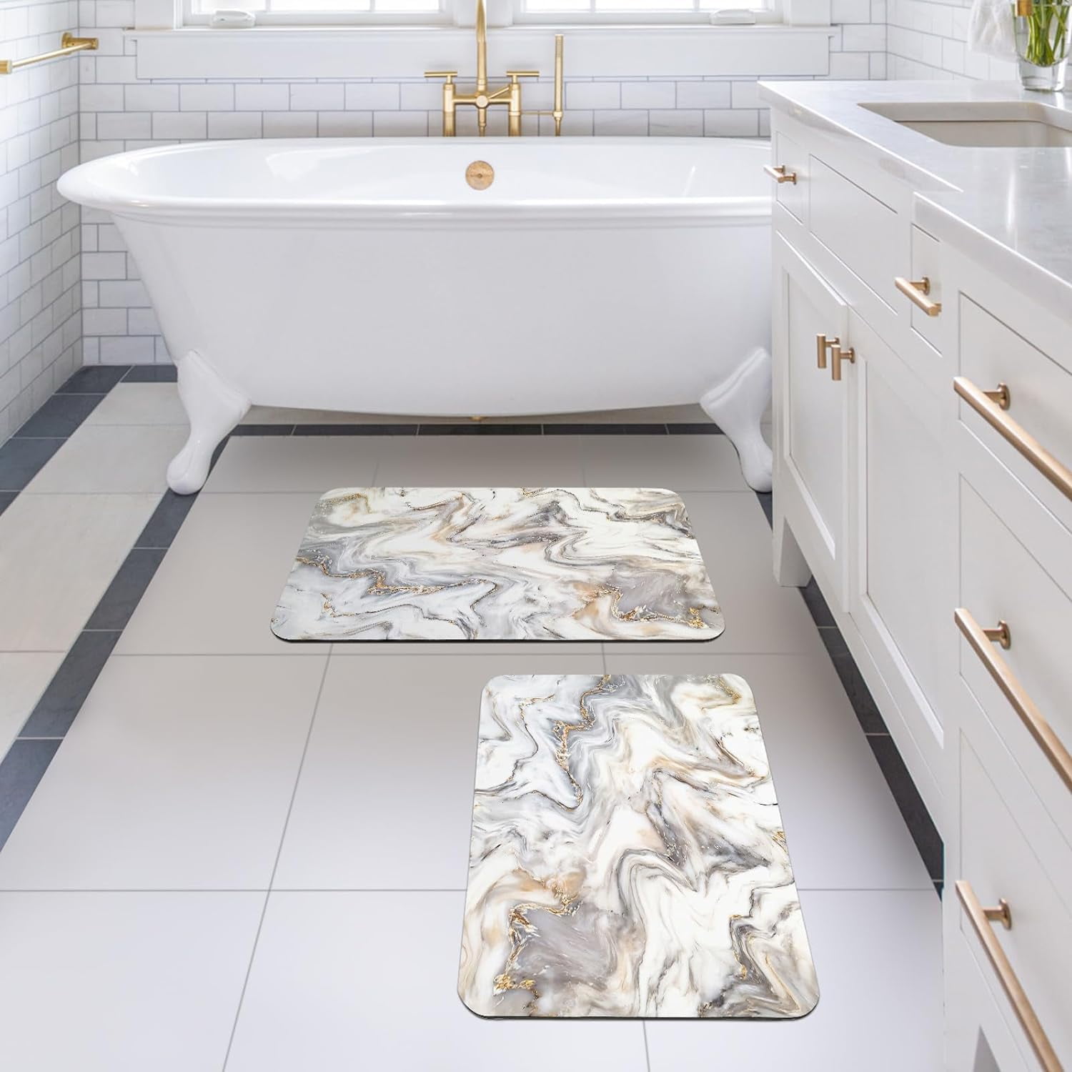 Grey Gold Marble Bathroom Rug Set - 2 Piece of 17" x 24", Modern Bath ...