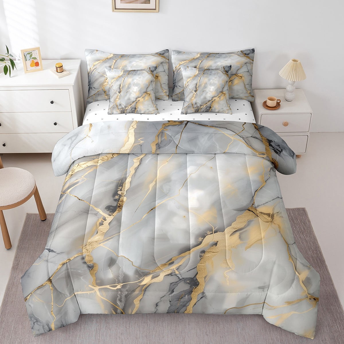 Grey Gold Marble Bedding Set For Women Men,Abstract Marble Texture Twin ...