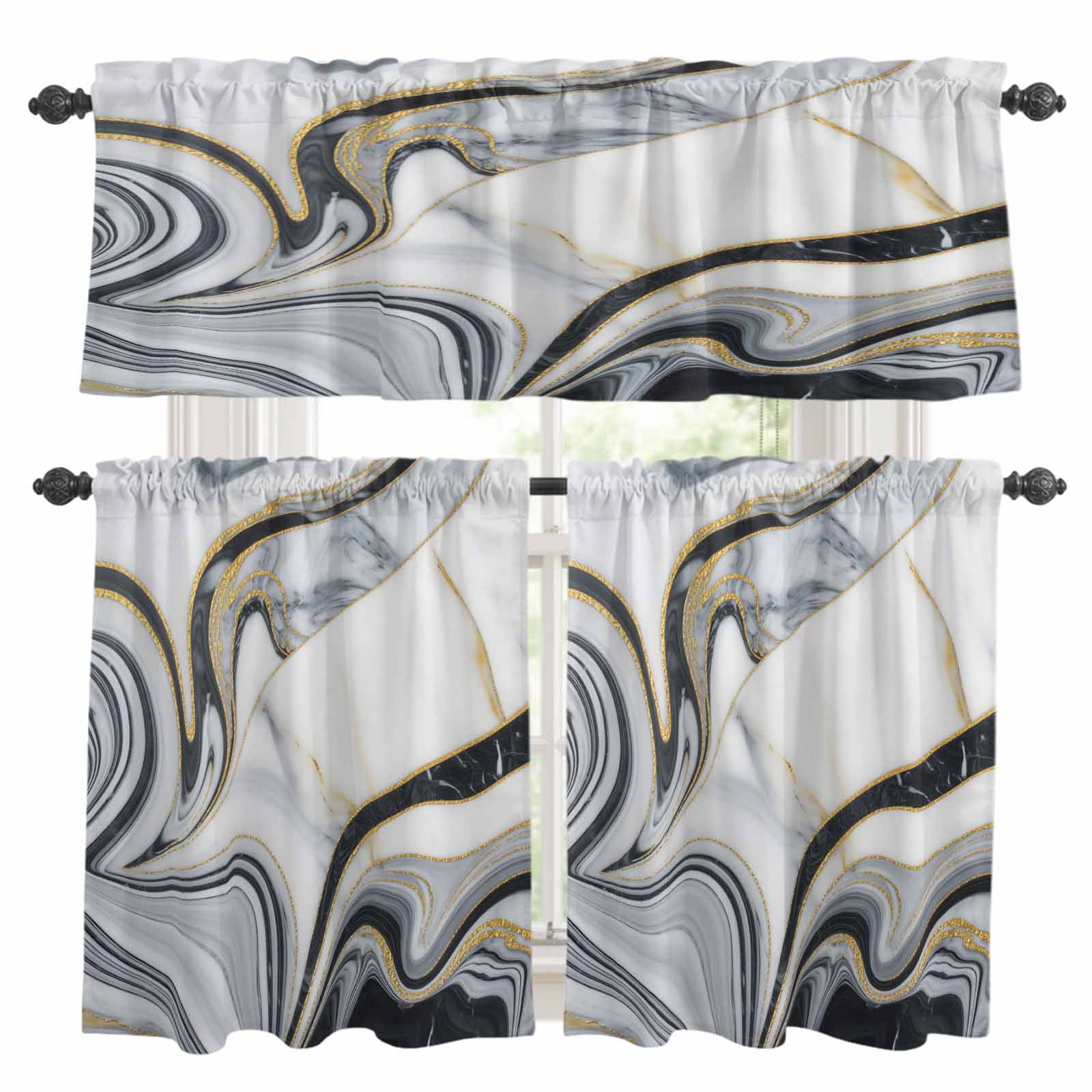 Grey Gold Marble Curtain Valances Set Gradient Marble Modern Abstract ...