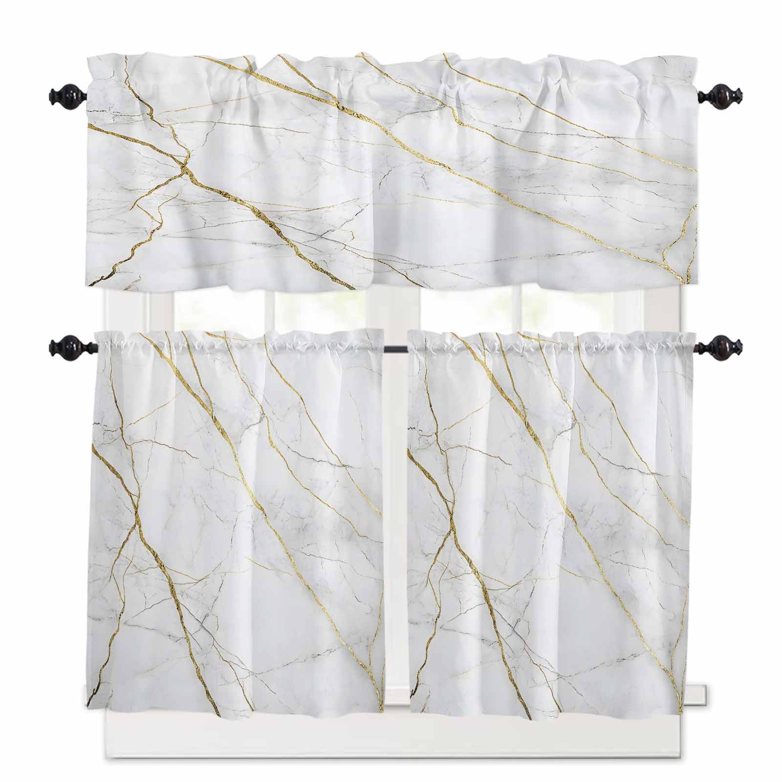 Grey Gold Marble Kitchen Curtains Valances and Tiers Set of 3, Abstract ...