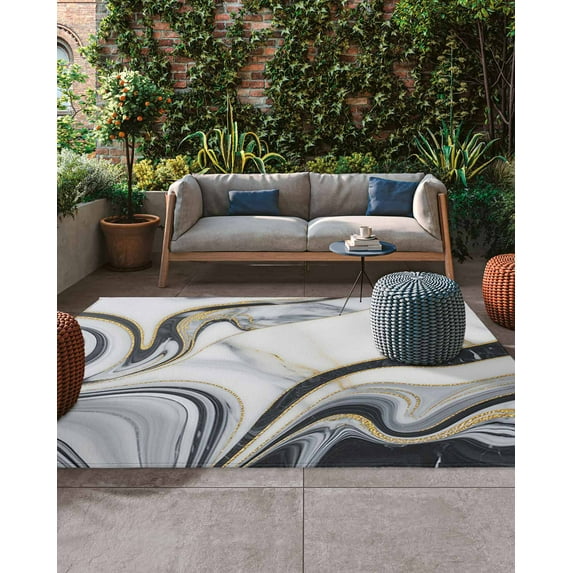 Grey Gold Marble Outdoor Rug, Gradient Marble Modern Abstract Large ...