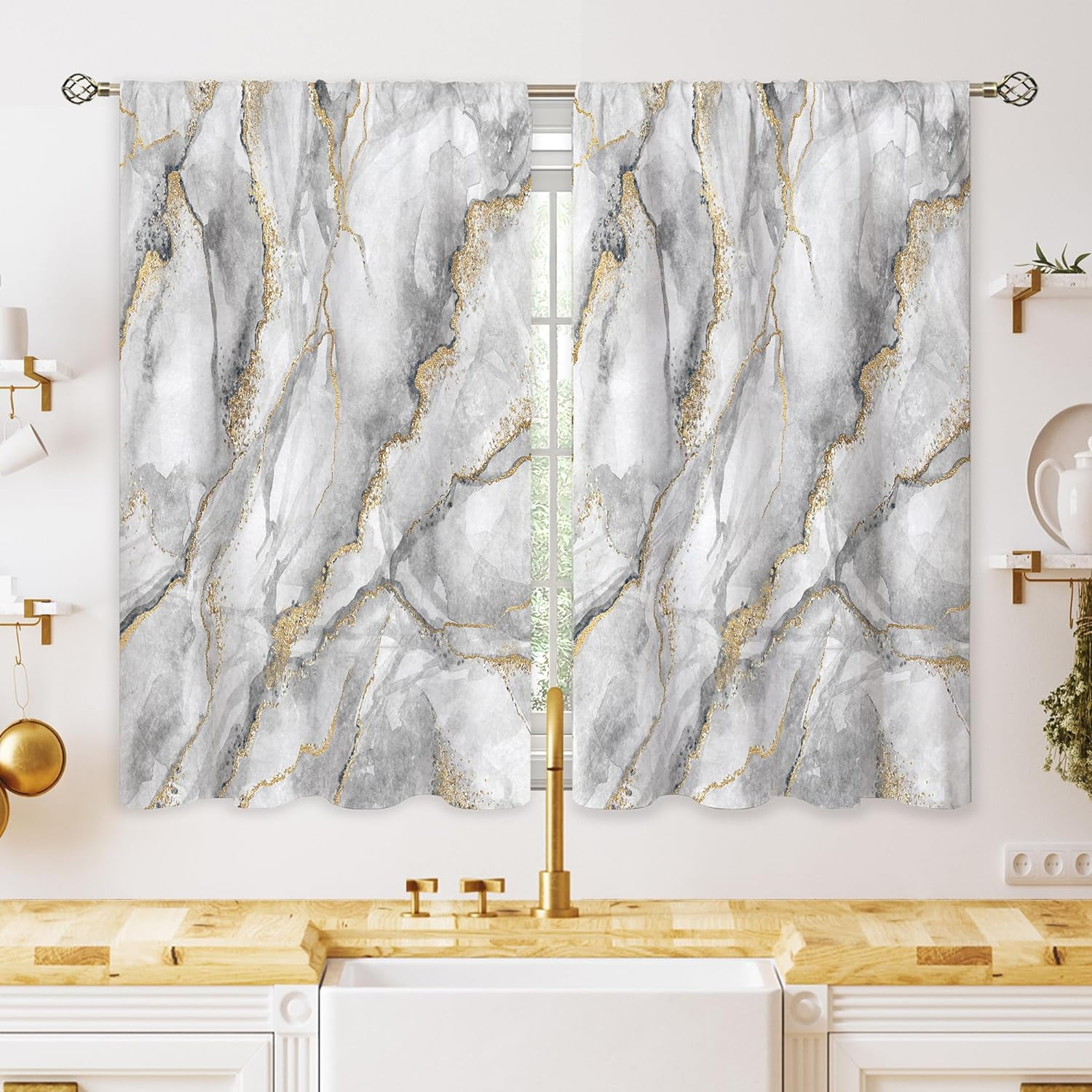 Grey Gold Marble Small Kitchen Curtains Abstract Modern Window ...
