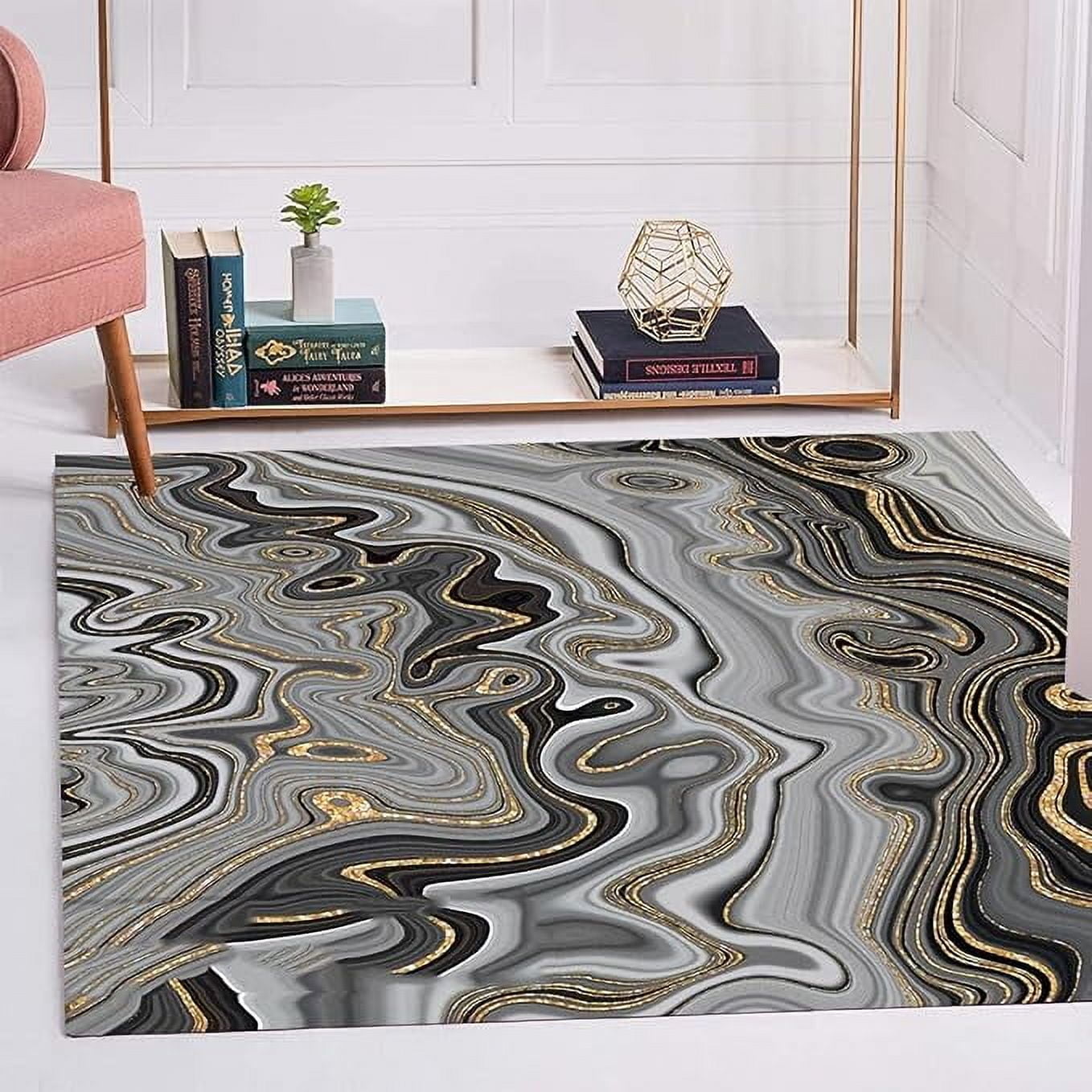 Grey Gold Marble Swirl Modern Abstract Area Rug For Living Room Bedroom ...