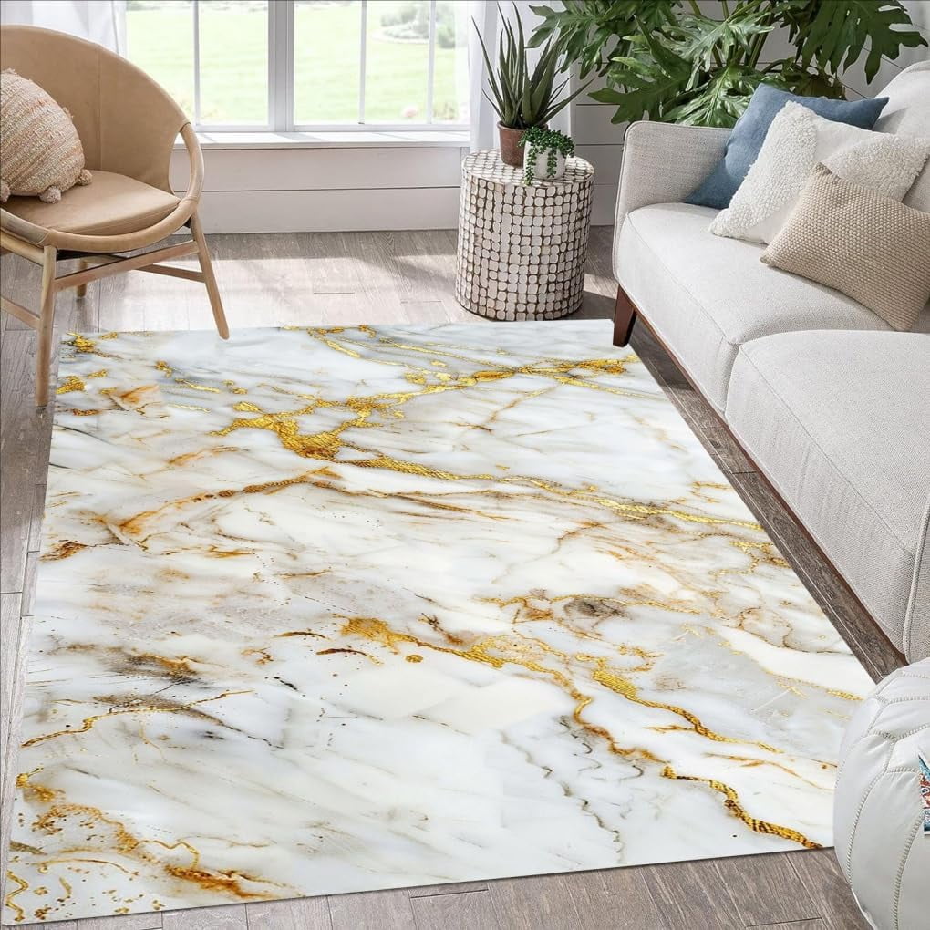 Grey Gold Modern Abstract Marble Textured Rug for Livingroom Bedroom ...