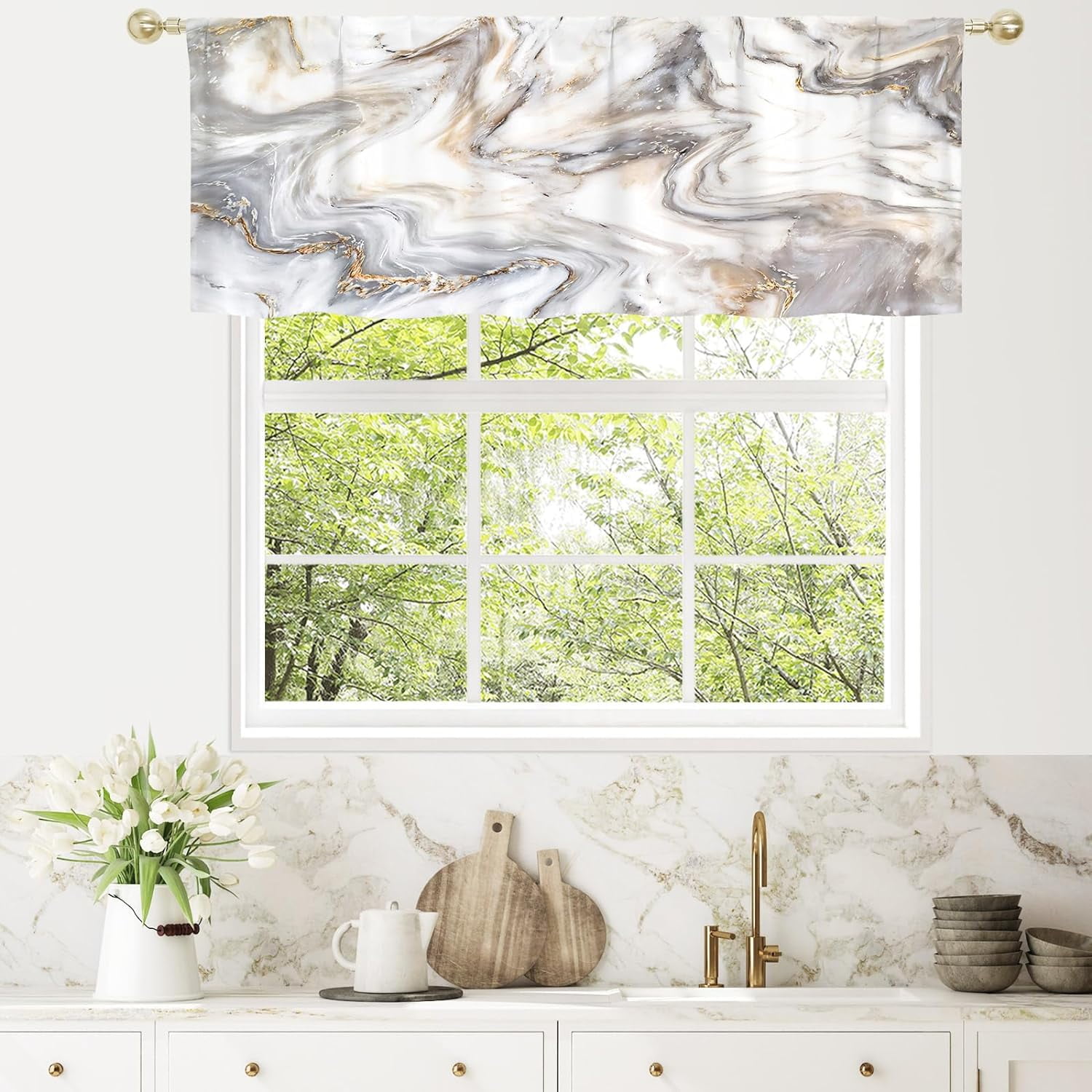 Grey Gold Valance Curtains for Living Room, Abstract Marble Pattern ...