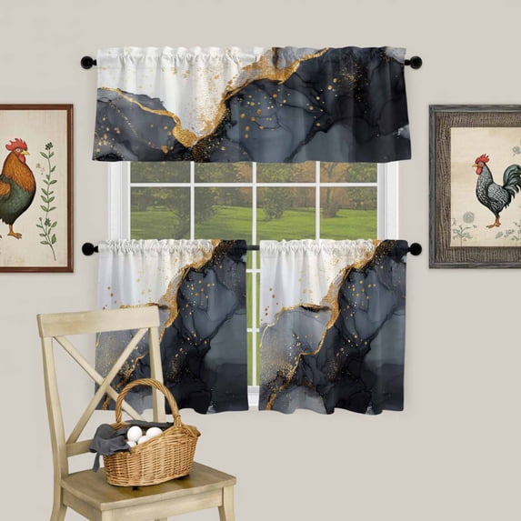 Grey Gradient Marble Curtain Tier and Valance Set 3 Piece, Gold Foil ...