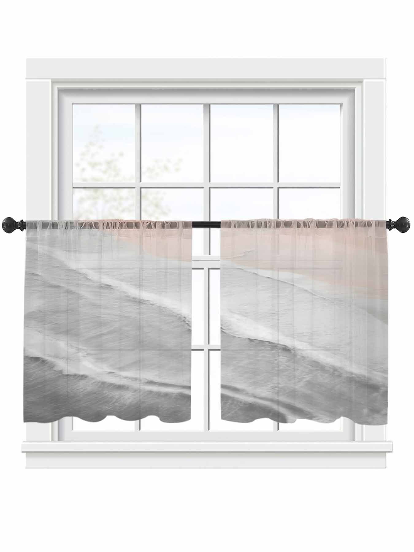 Grey Gradient Sheer Curtains 2 Panels Set Sea Waves Sandy Beach Coastal ...