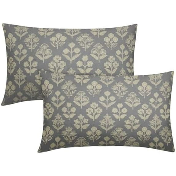 Grey Gray Pillow Covers 12x20 Inch Set of 2, Cream Floral Block Print ...
