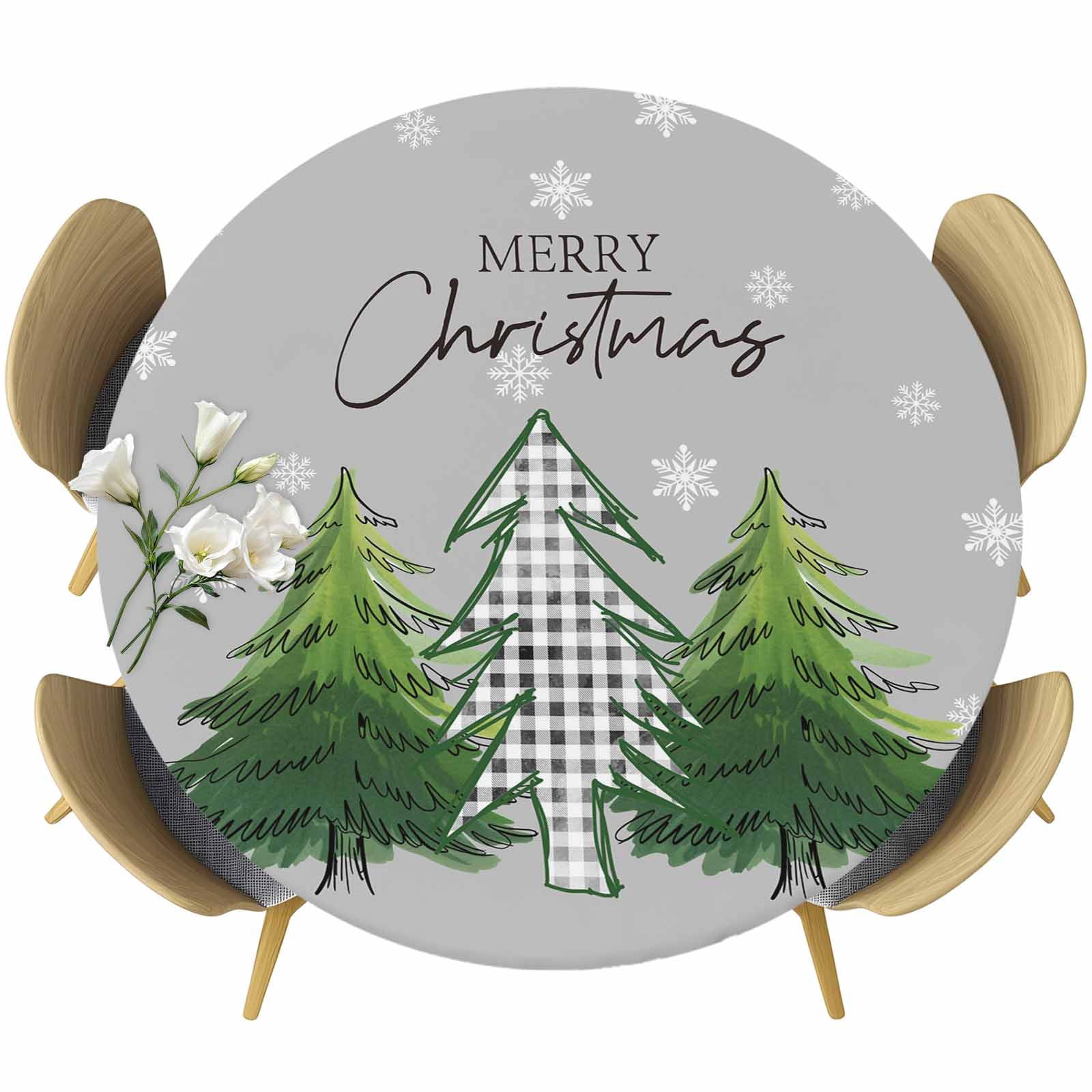 Grey Green Christmas Tree Round Tablecloth, Fitted Table Cover with ...