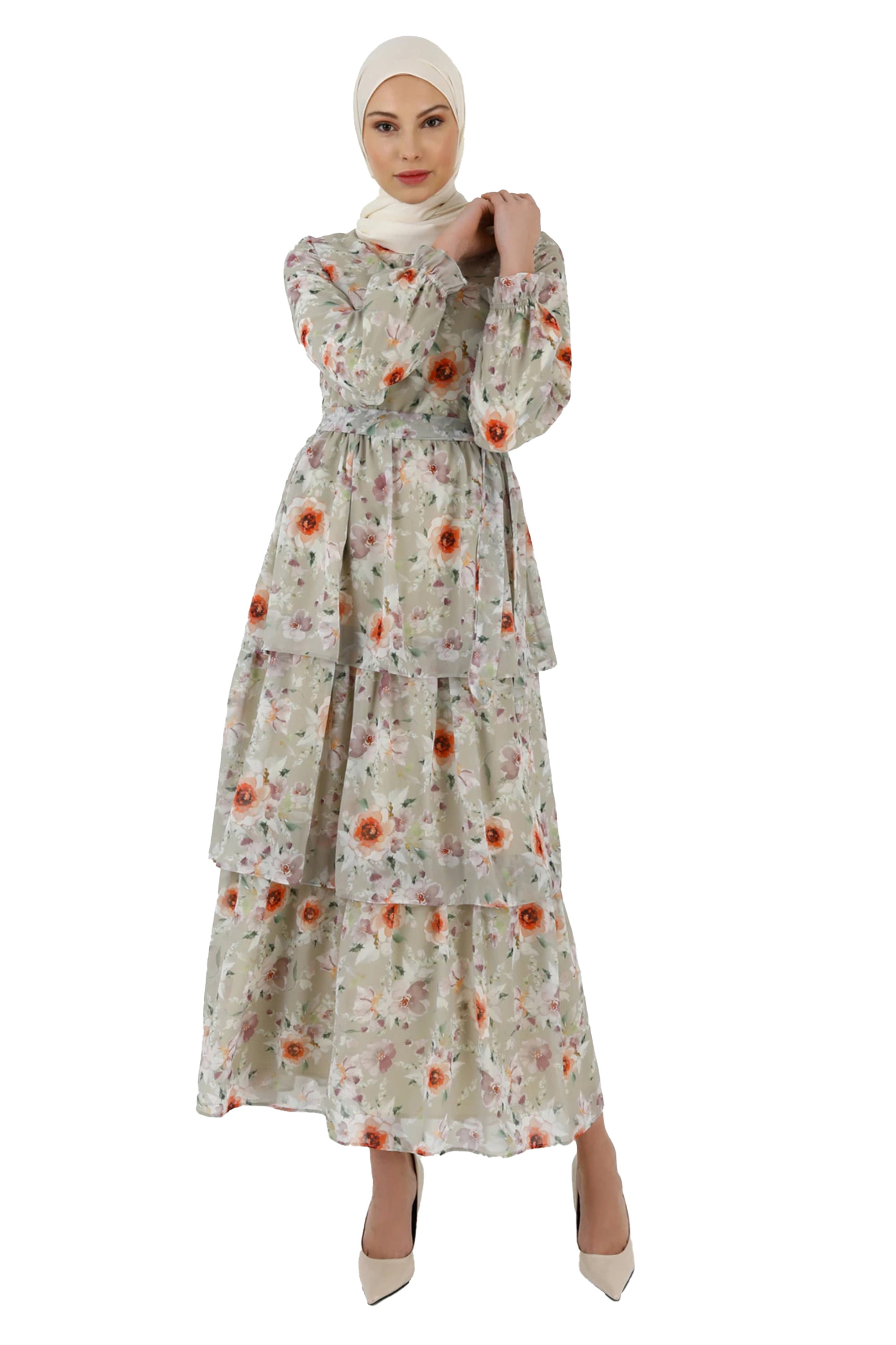 Grey - Green - Floral - Crew neck - Fully Lined - Modest Dress - Refka ...