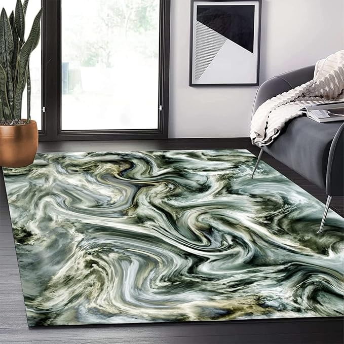 Grey Green Marble Swirl Area Rug For Living Room Bedroom, Modern ...