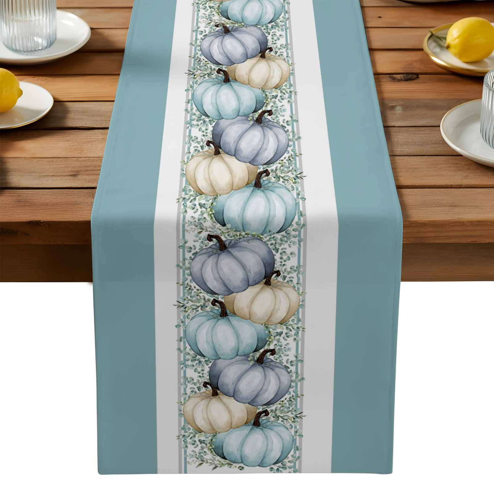 Grey Green Pumpkin Table Runner, Fall Harvest Grey White Pumpkin Green ...