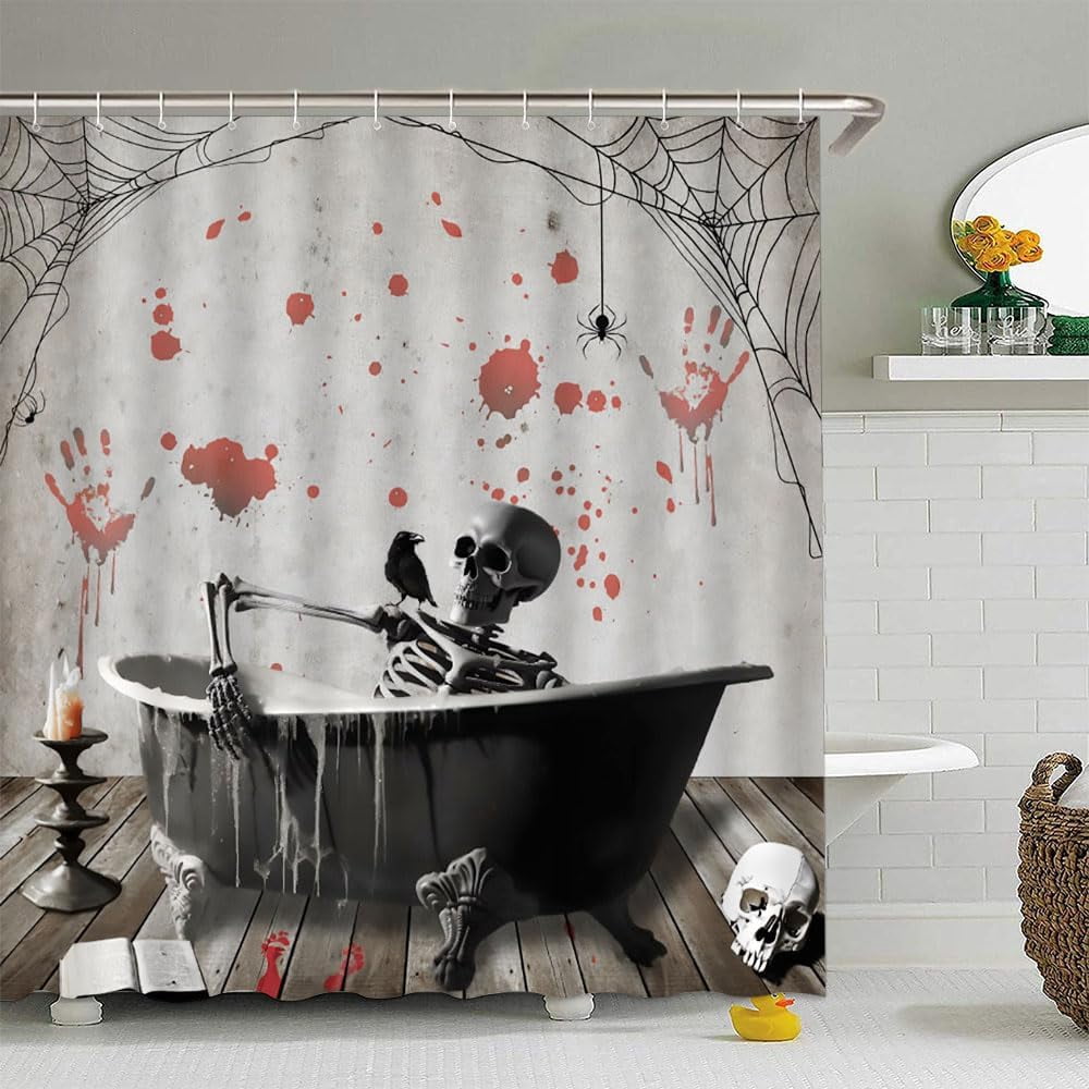 Grey Halloween Shower Curtain Skull Bloody Fingerprint Raven Gothic ...