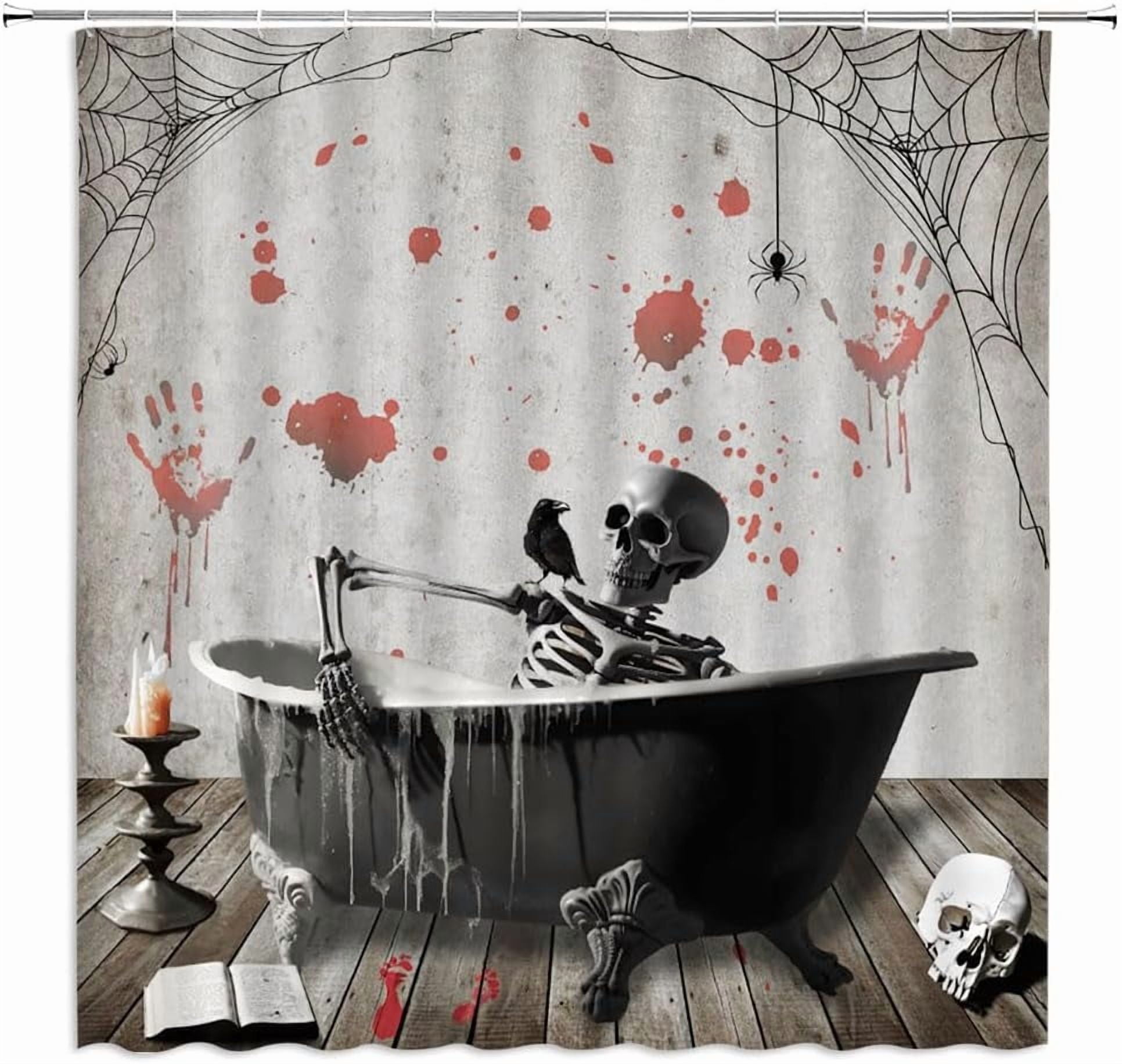 Grey Halloween Shower Curtain Skull Bloody Fingerprint Raven Gothic ...