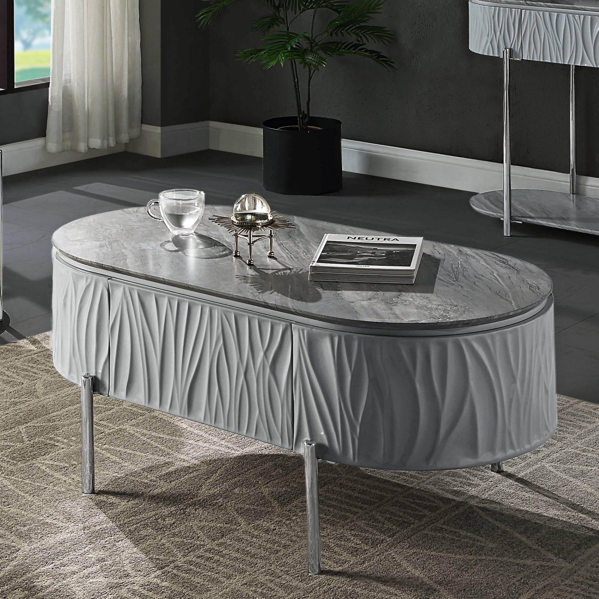 Grey High Gloss Coffee Table With Functional Storage And Elegant Look For Living Space Oval ...