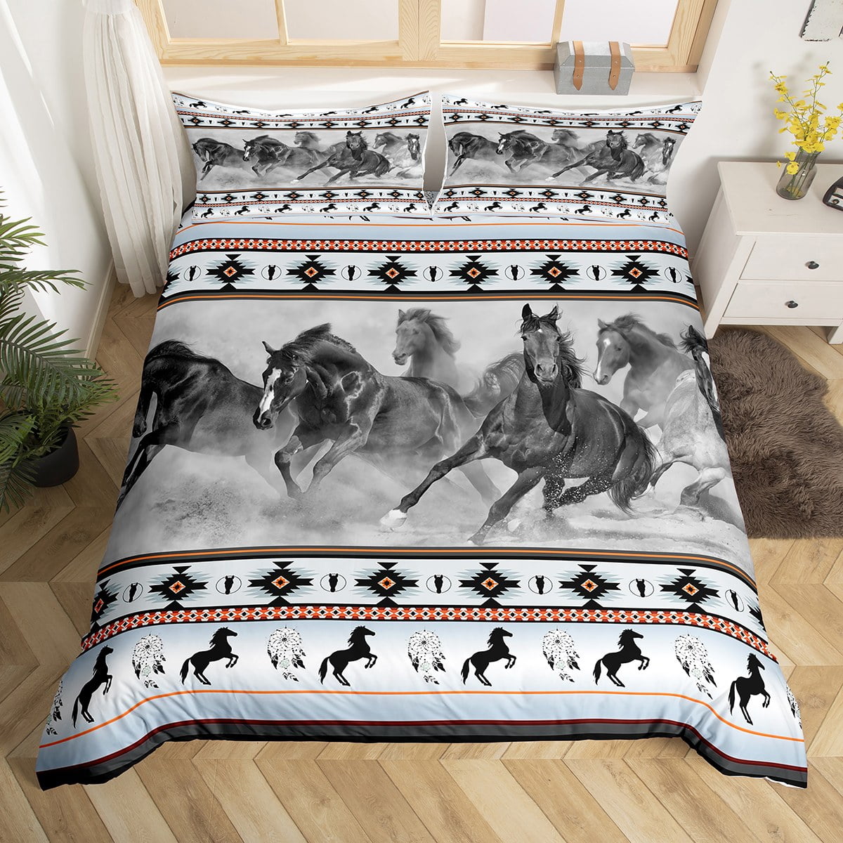 Grey Horses Duvet Cover Southwestern Native Aztec Bedding Set,Farmhouse ...