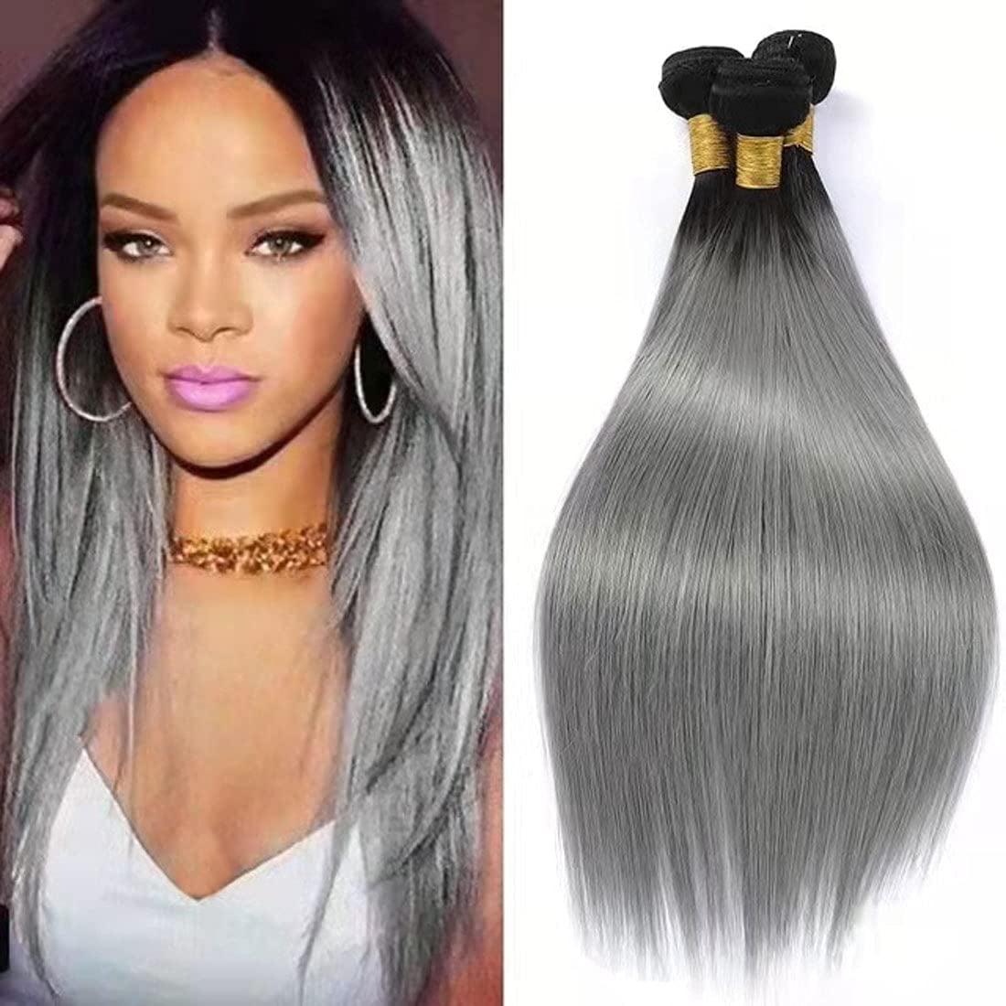 Grey Human Hair 3 Bundles Straight Brazilian Remy Human Hair Weaves ...