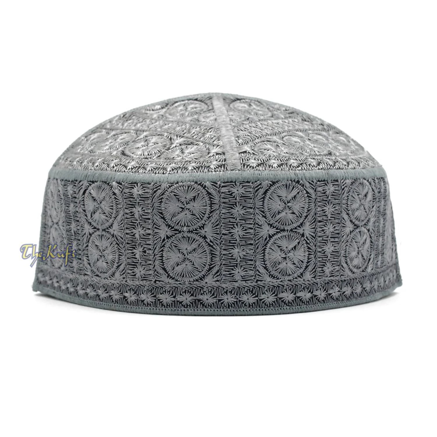 Grey Intricately Embroidered Rigid Round Pakistani-Style Kufi Hat ...