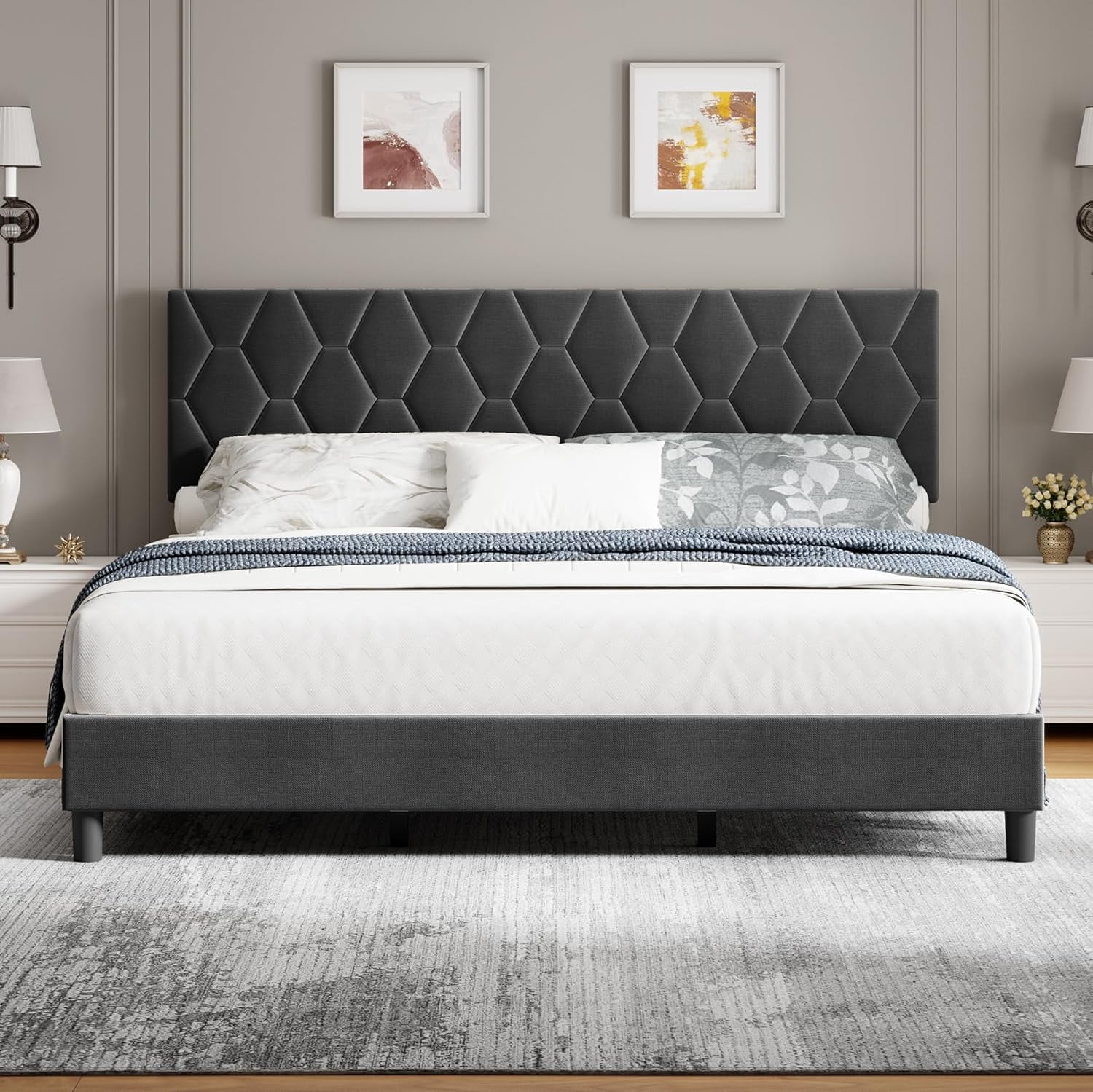 Grey King Bed Frame with Upholstered Headboard Heavy-Duty Platform Bed ...