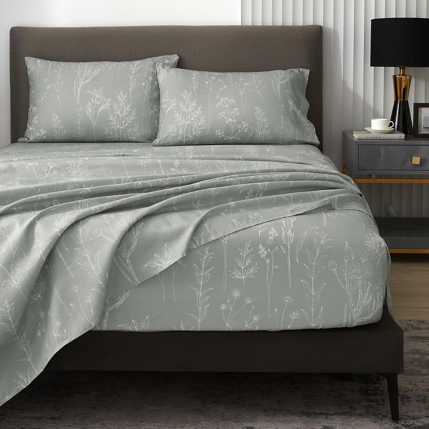 Grey King Size Sheets, 18 Inch Deep Pocket King Sheets Botanical ...