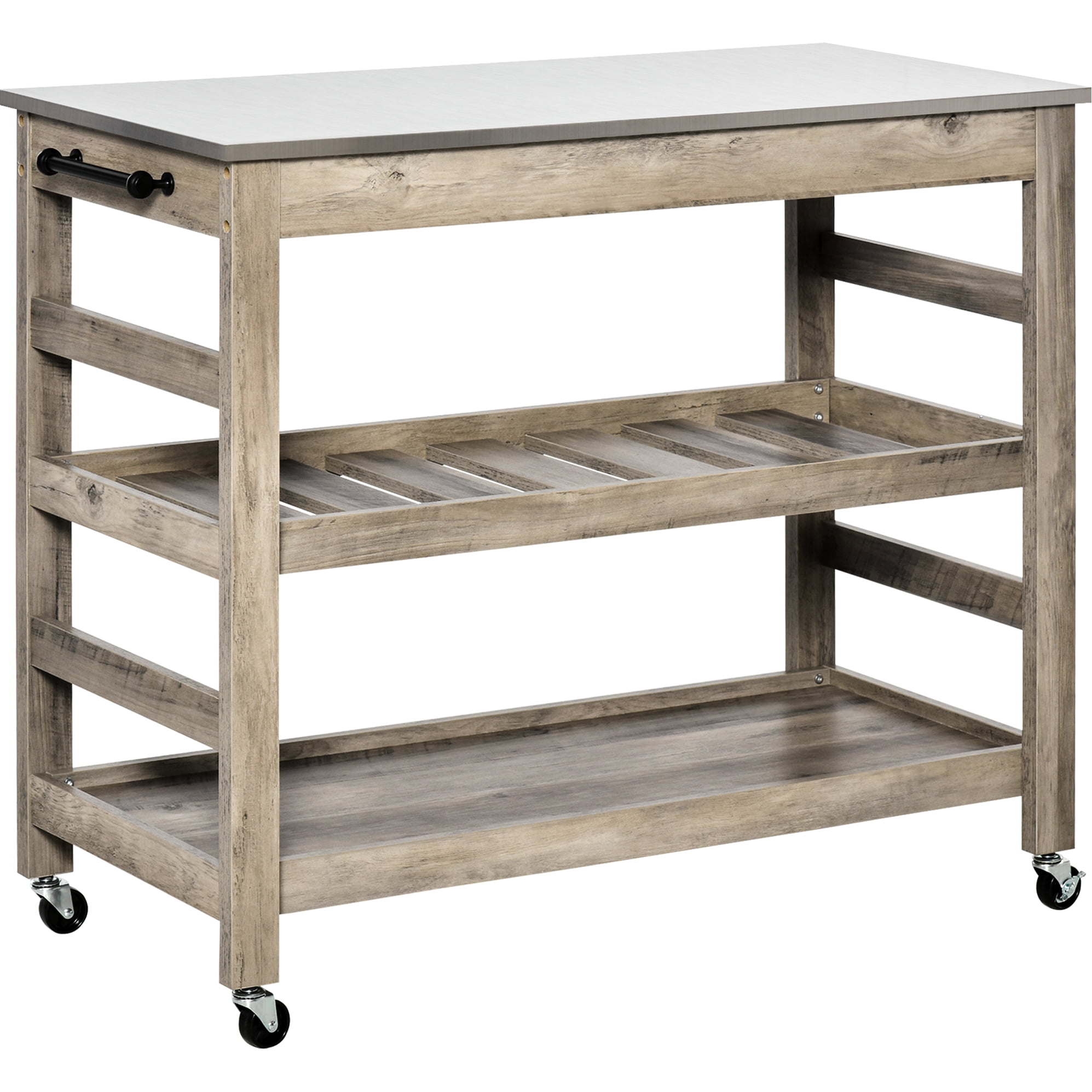 Grey Kitchen Cart With Stainless Steel Work Surface - 2 Shelves, Middle ...