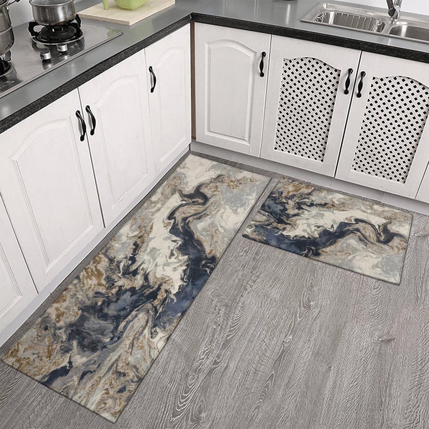 Grey Kitchen Mats for Floor Set of 2 Pieces Marble Kitchen Mats Runner ...
