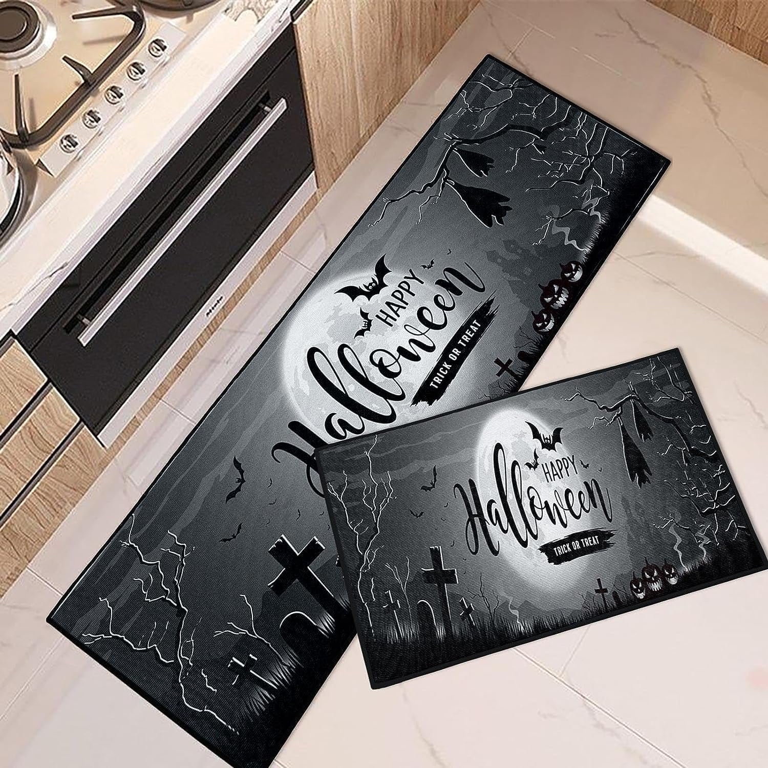 Grey Kitchen Rugs and Mats Non Skid Washable Set of 2, Happy Halloween ...