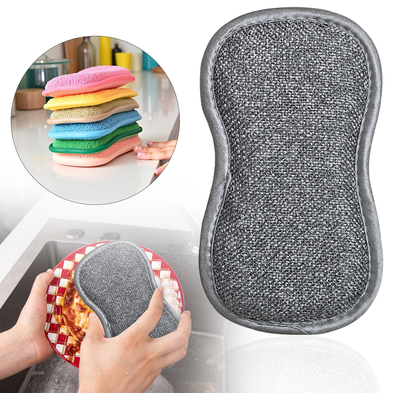 Grey Kitchen Scrub Sponge, Double Sided Microfiber Non Scratch Dish ...