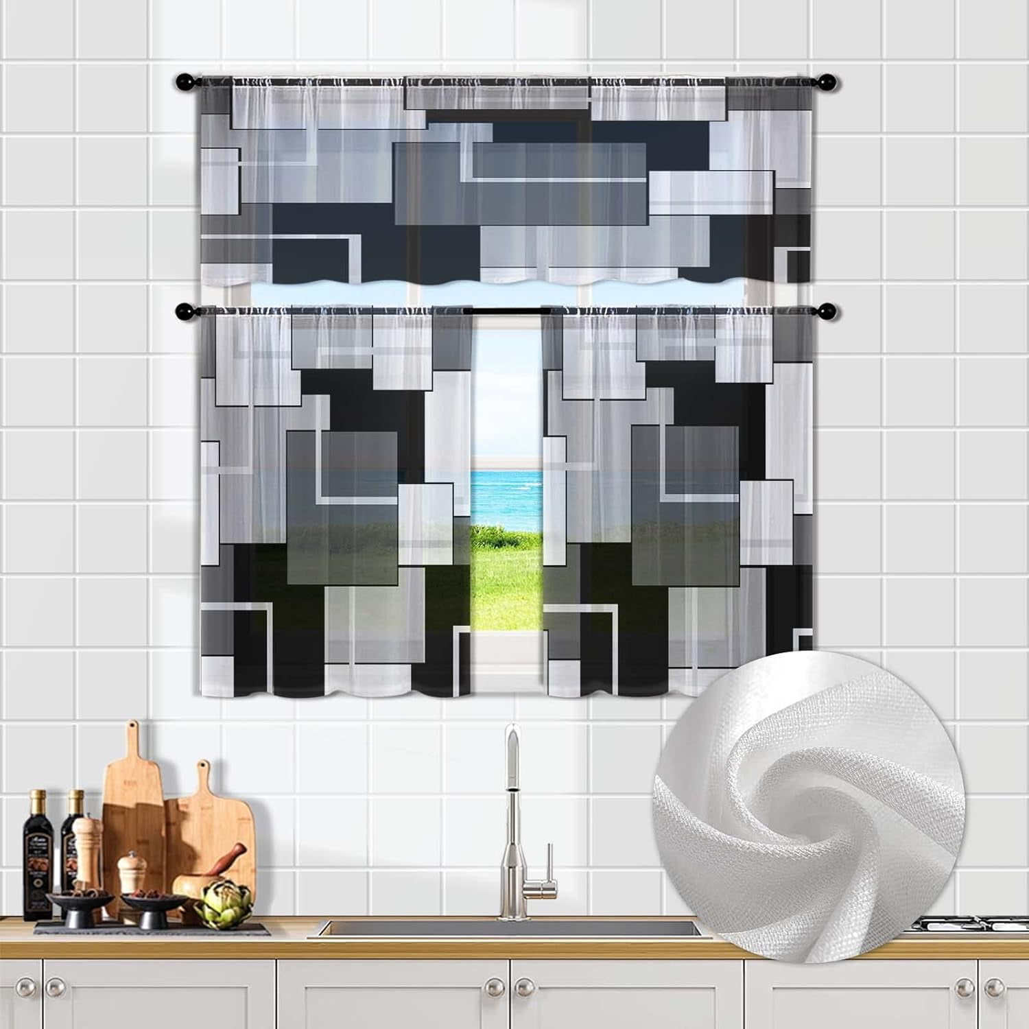 Grey Kitchen Sheer Curtain Tiers and Valances Set of 3PC - Artistic and ...