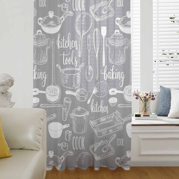 Grey Kitchenware Semi Sheer Curtains Drapes for Living Room,Bedroom ...
