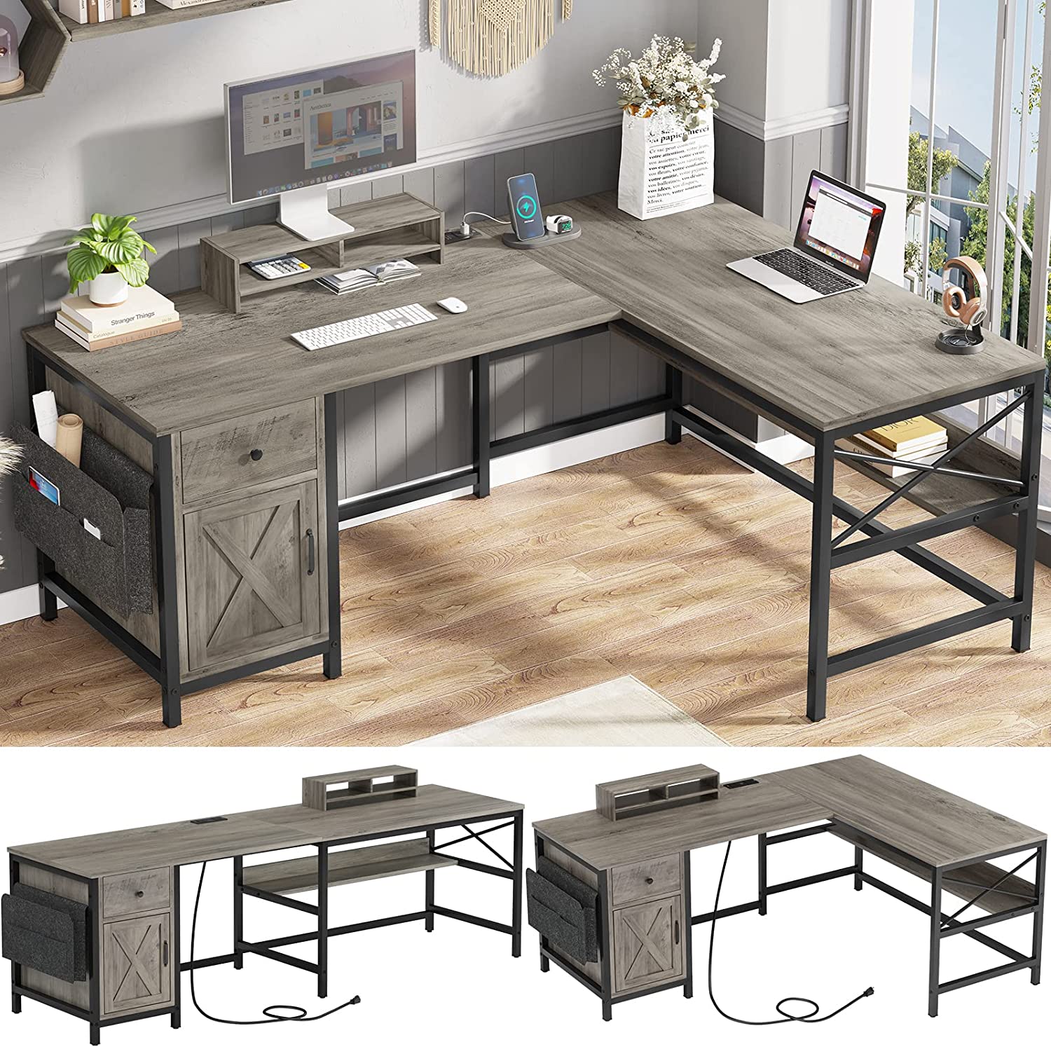 Tribesigns Rotating L Shaped Computer Desk with Storage Bookshelf ...