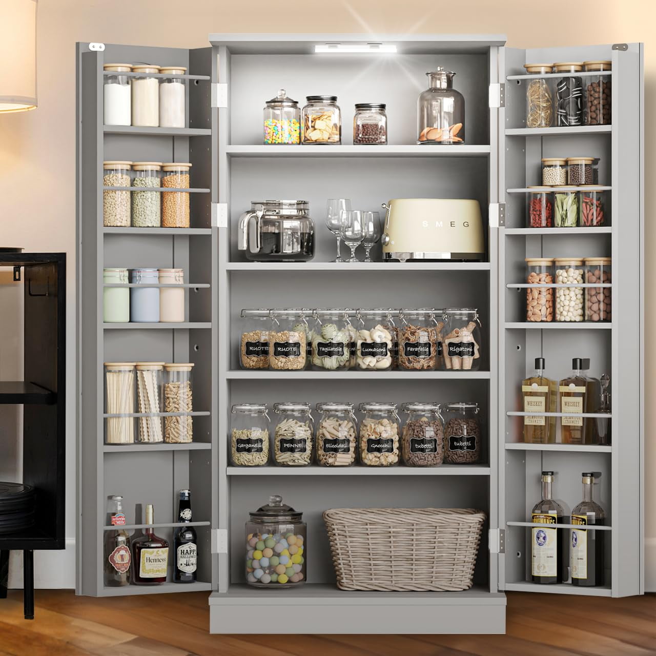 Grey LED Kitchen Pantry Storage Cabinets - 50 Inch FreeStanding Food ...