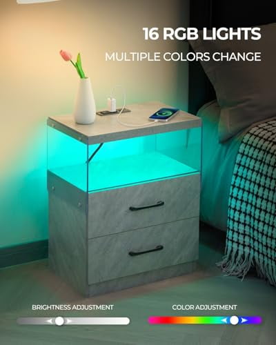Grey LED Nightstand with Charging Station and Acrylic Board, 2 Drawer ...