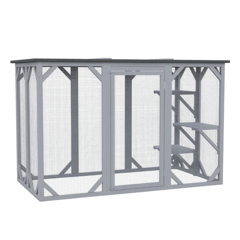 Grey Large Wooden Outdoor Cat Enclosure with Weatherproof Roof and ...