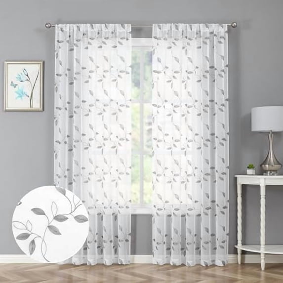 Grey Leaf Sheer Curtain Leaves Embroidered Living Room Curtains Rod ...
