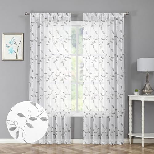 Grey Leaf Sheer Curtains Leaves Embroidered Bedroom Curtain Rod Pocket ...