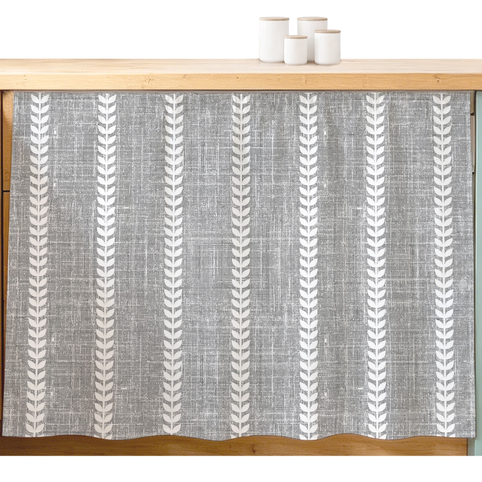 Grey Leaf Striped Cabinet Curtains 11"W x 13"L, Industrial Light Grey ...