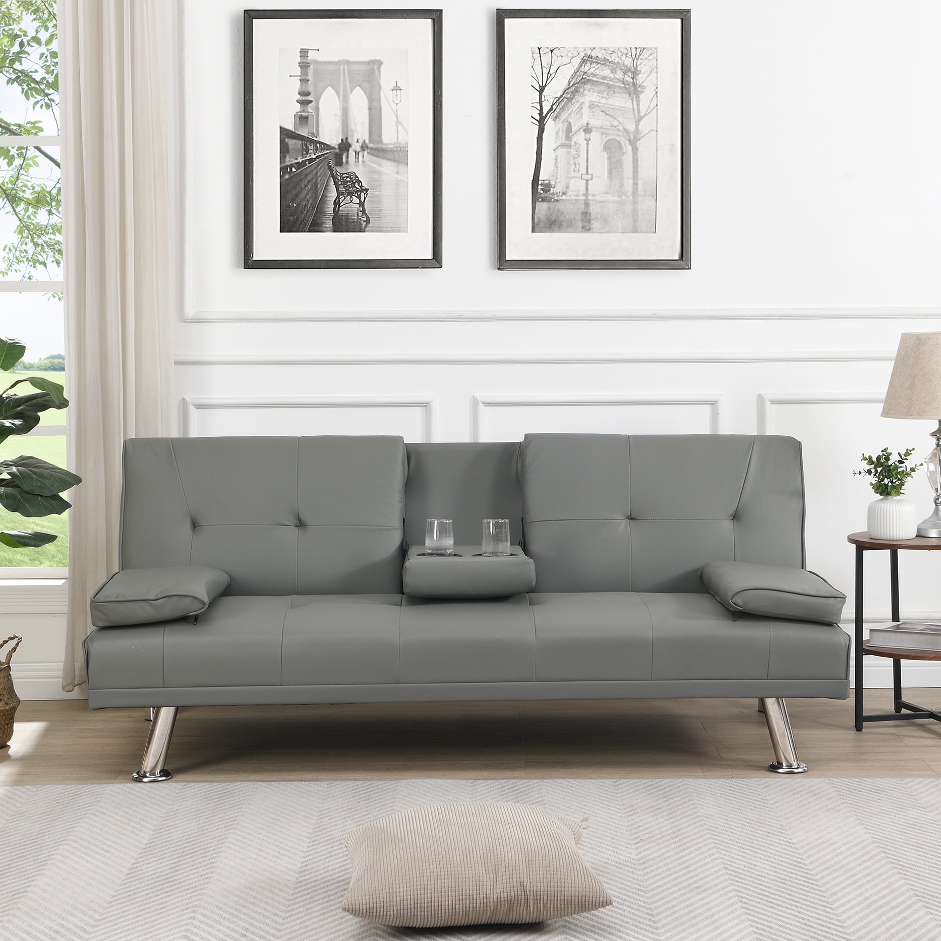 Grey Leather Bed, Armrest Feature, Stainless Leg, 67.64in Depth ...