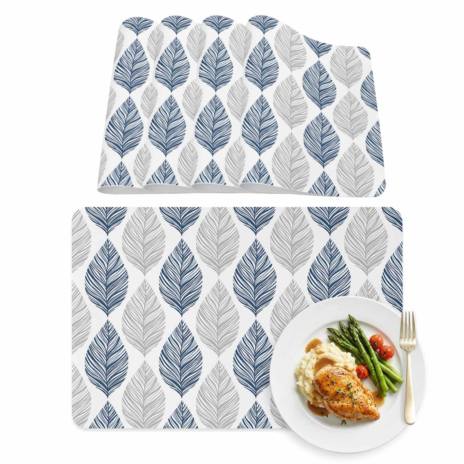 Grey and Leather Placemats Set of 4, 12x18 Inch, Navy Blue Olive Leaf ...