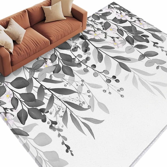 Grey Leaves Area Rugs Collection 8'x10', Summer Botanical Non Slip ...
