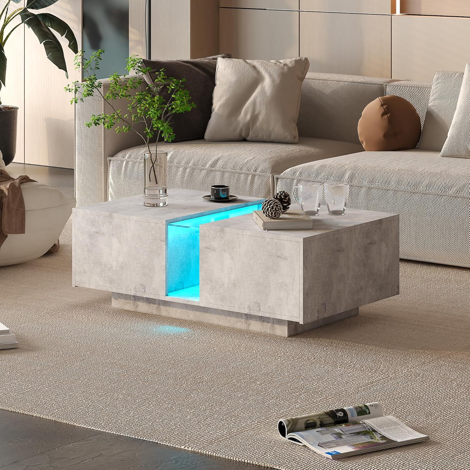 Grey Led Coffee Table for Living Room, Rectangular Living Room Table ...