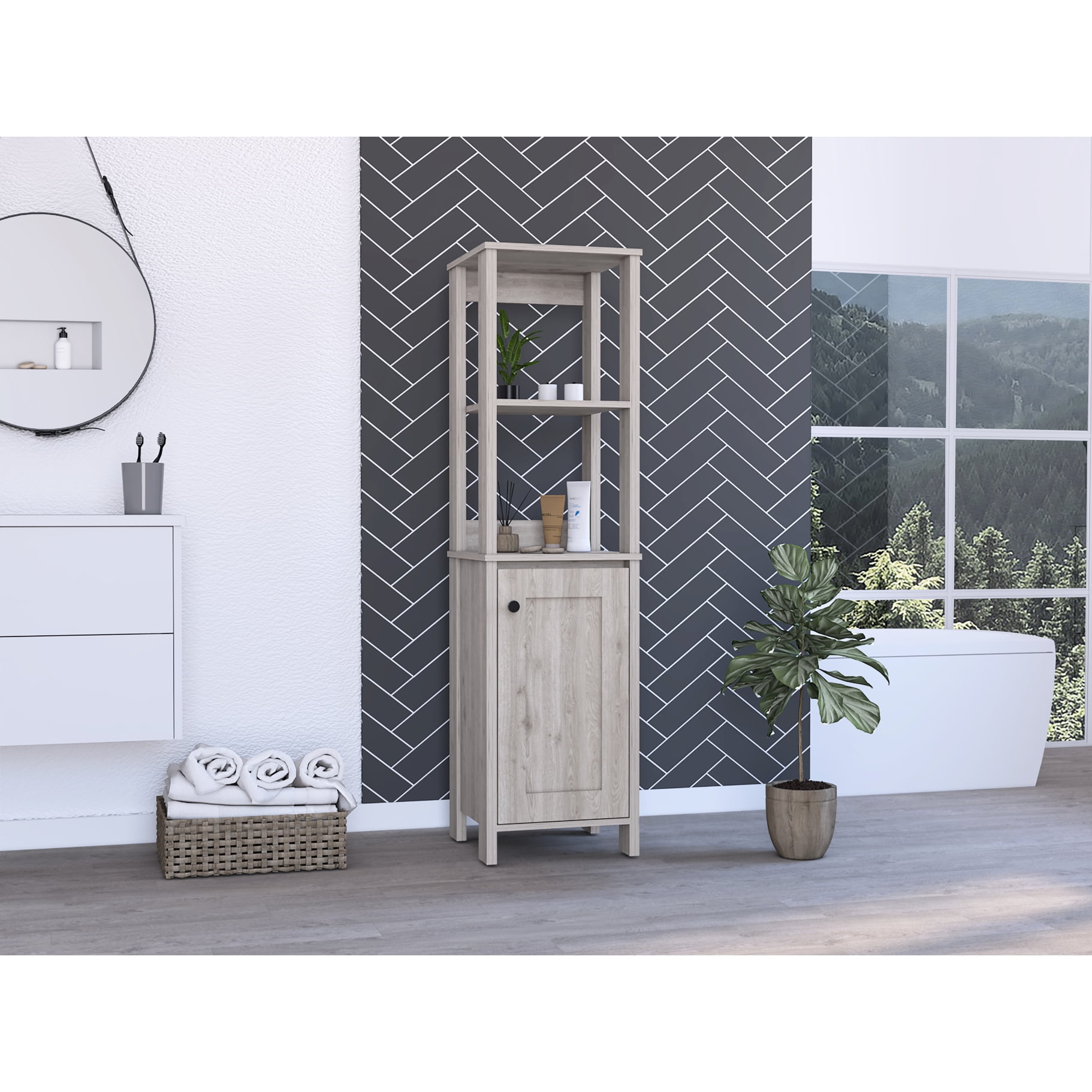 Grey Linen Cabinet With 4 Shelves By - 2 Internal Shelves, 1 Door ...