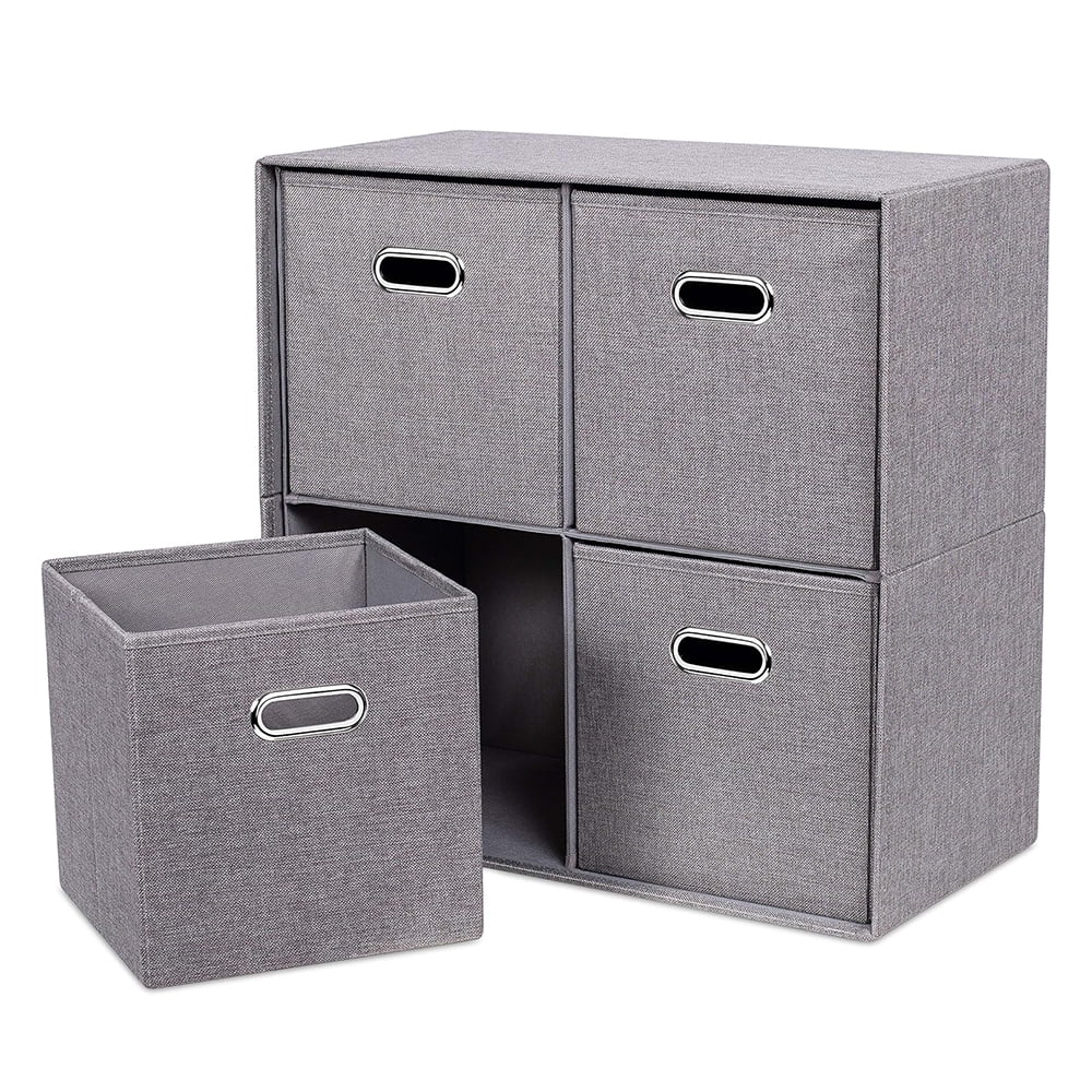 Grey Linen Cube Organizer with 4 Storage Bins – Kid Toy Clothes Towels ...
