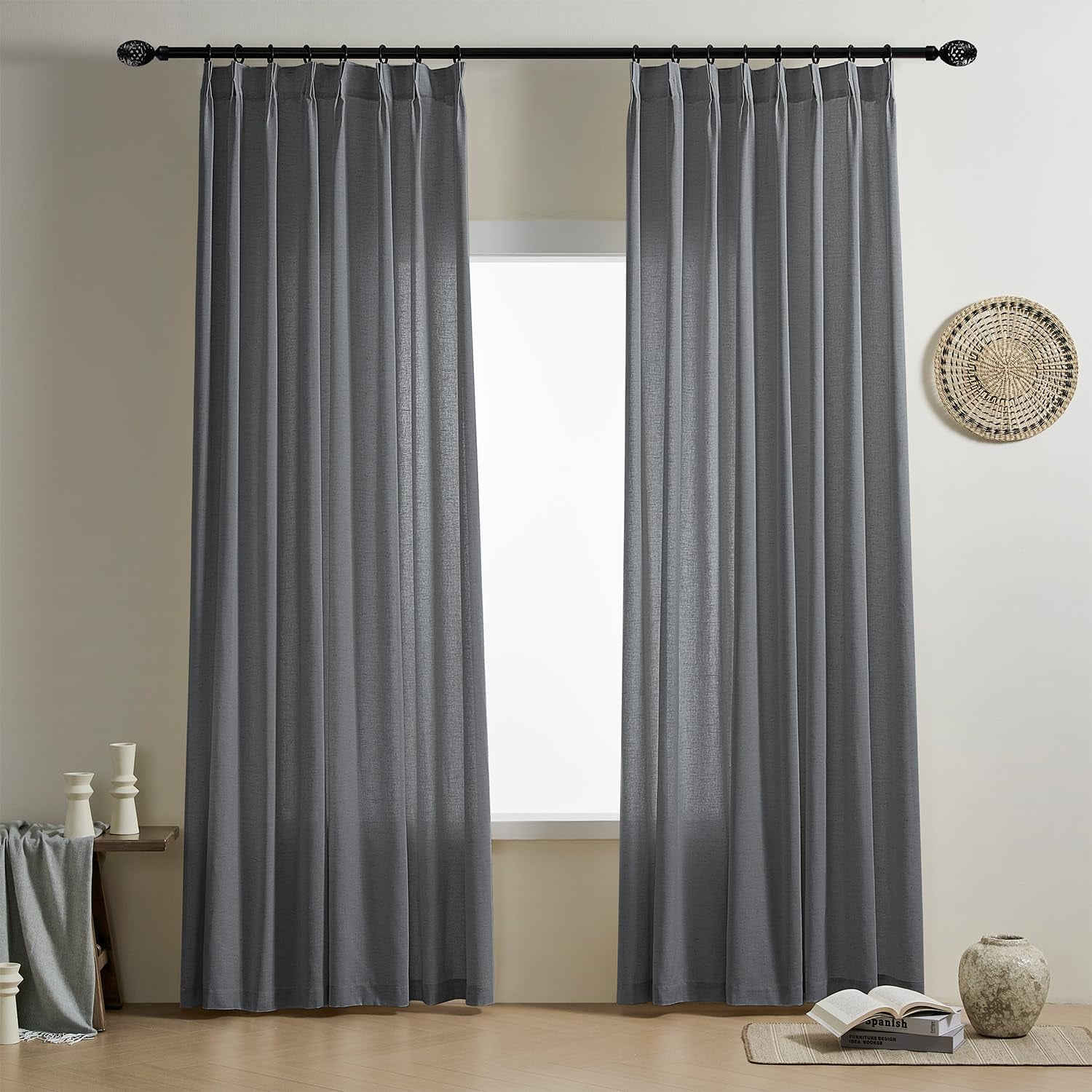 Grey Linen Curtains 95 Inches Long 2 Panels Set Dark Gray Light ...