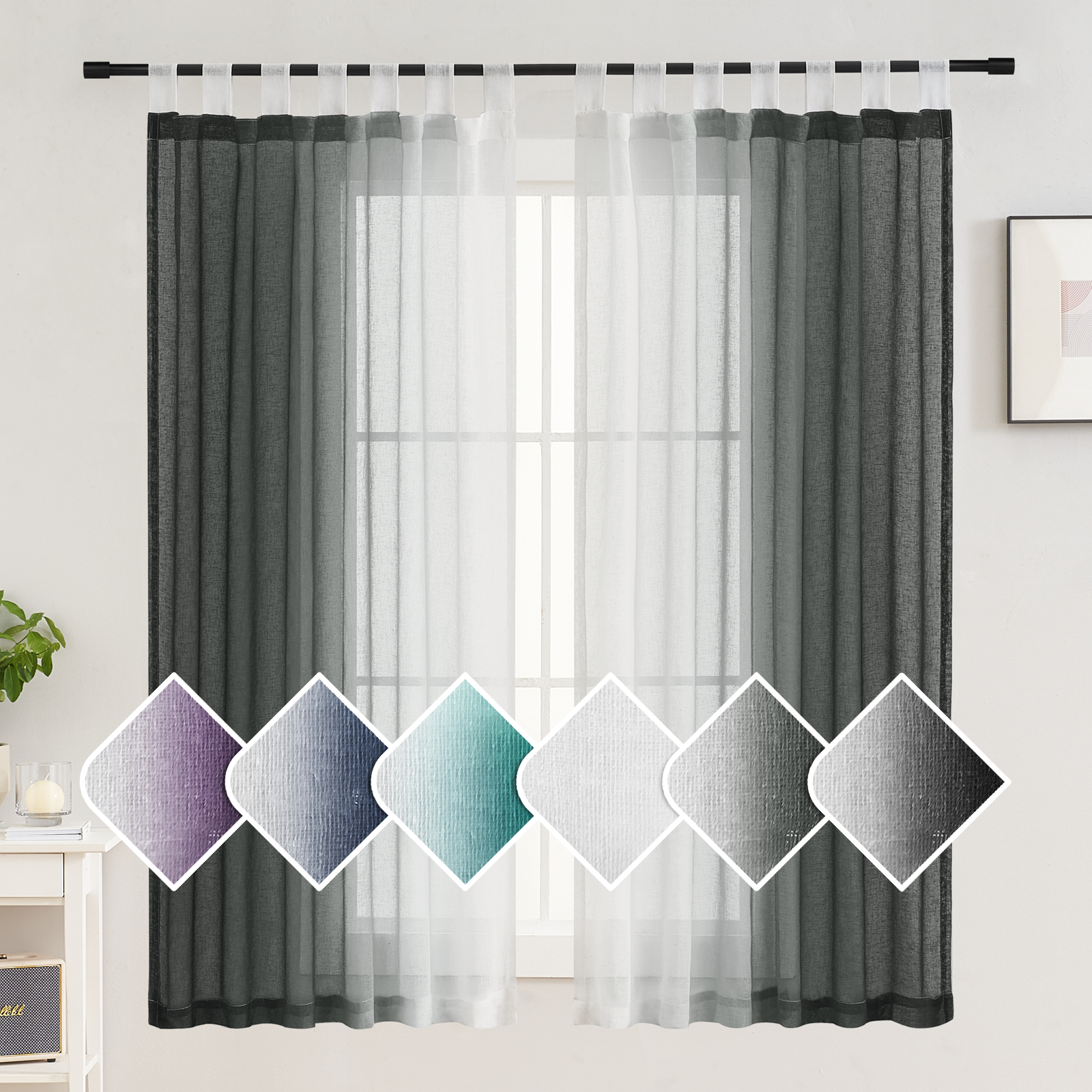 Grey Linen Sheer Curtains 2 Panels Blended Curtains for Living Room Burlap Linen Textured ...