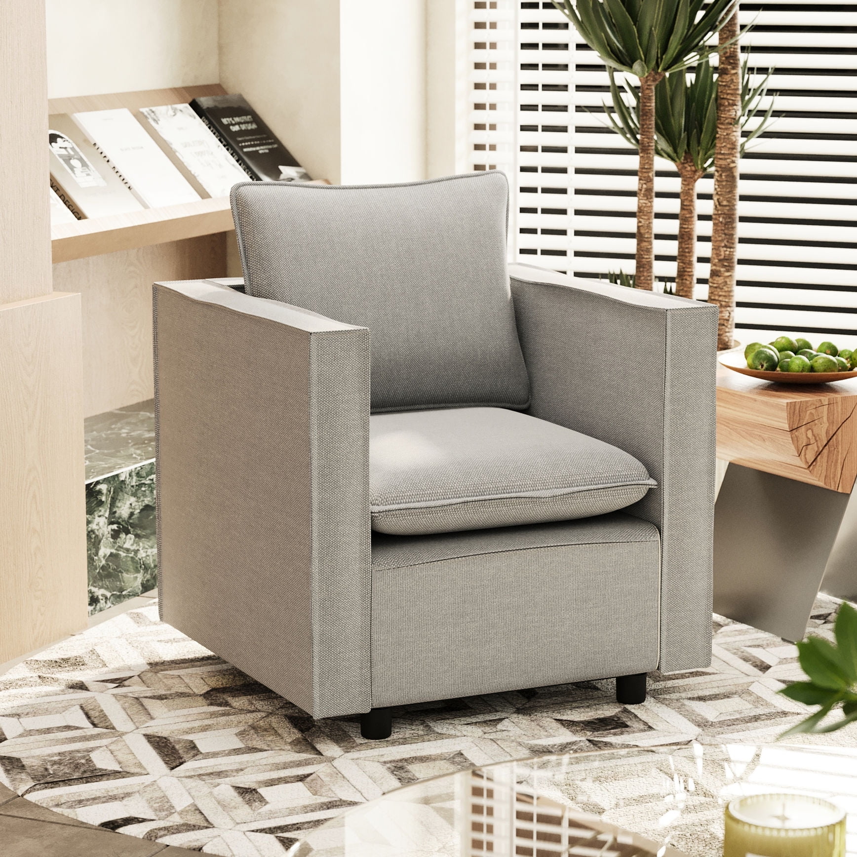 Grey Linen Single - seat Armchair - Round Armrests for Arm Comfort ...
