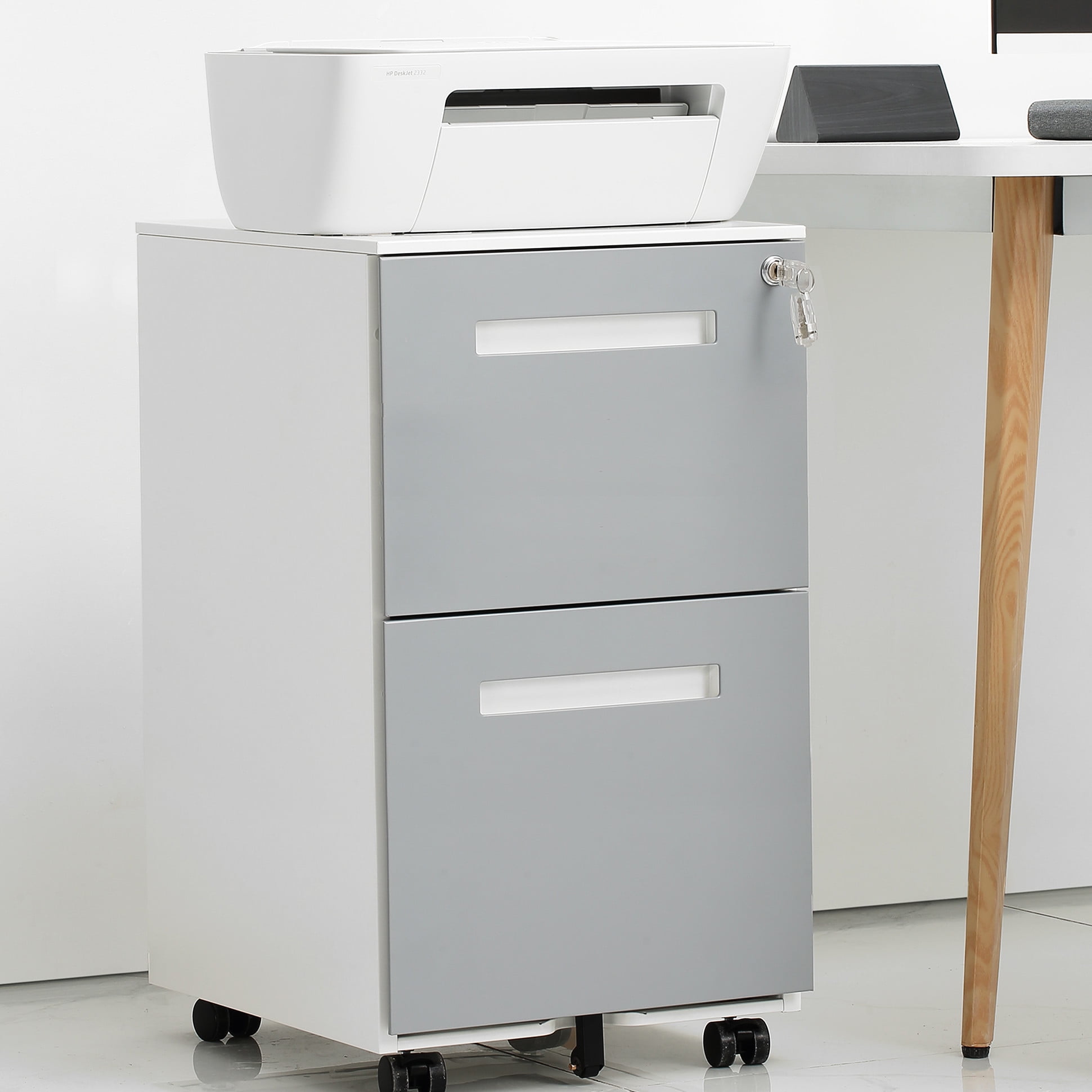 Grey Locking File Cabinet With 2 Drawers On Wheels - Metal Rolling For ...